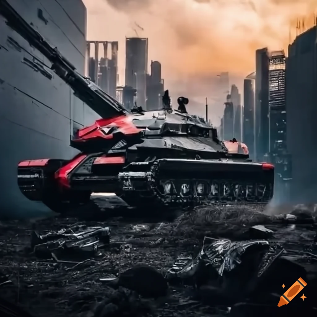 Futuristic battle scene with a red and black armored tank in a ...
