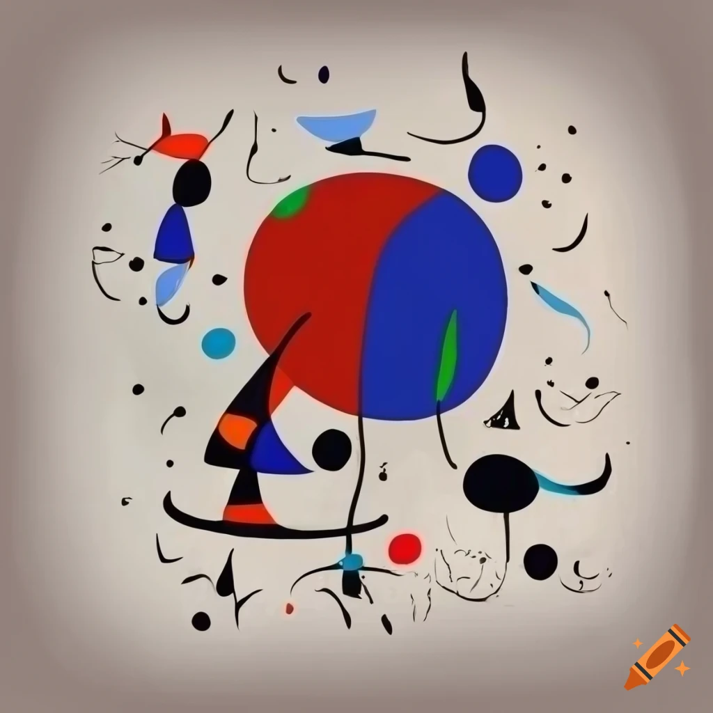 Surrealist creatures and plants in the style of Miro with red, yellow ...