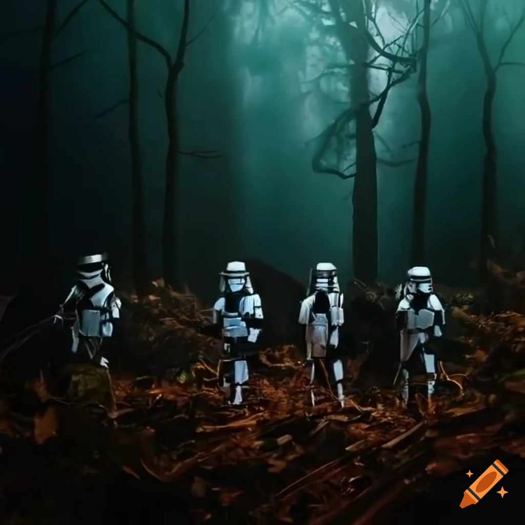 Group of stormtroopers in a rainy forest with ruins and light shining ...