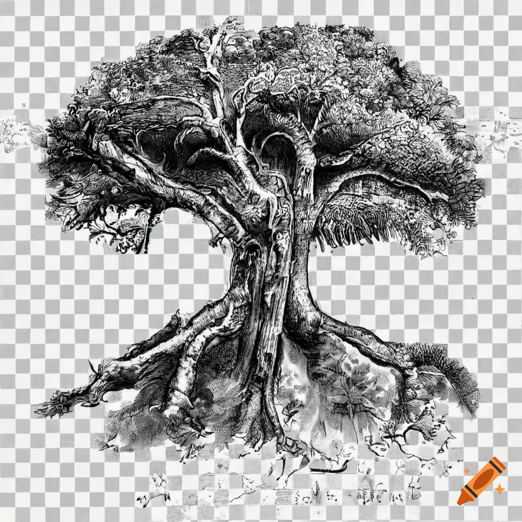 Ancient botanical ink drawings of trees in book print style on Craiyon