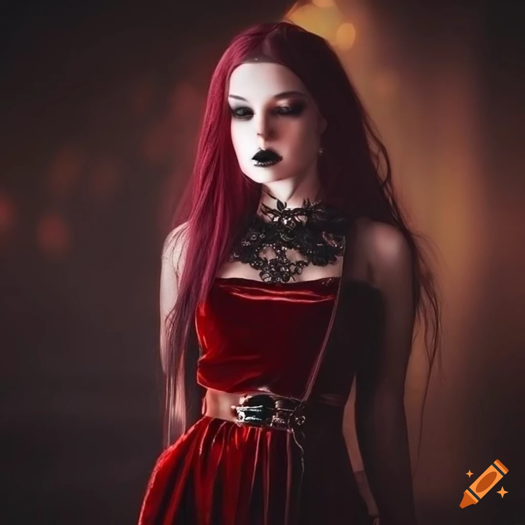 Gothic female character in velvet dress amidst enchanting amber mist on Craiyon