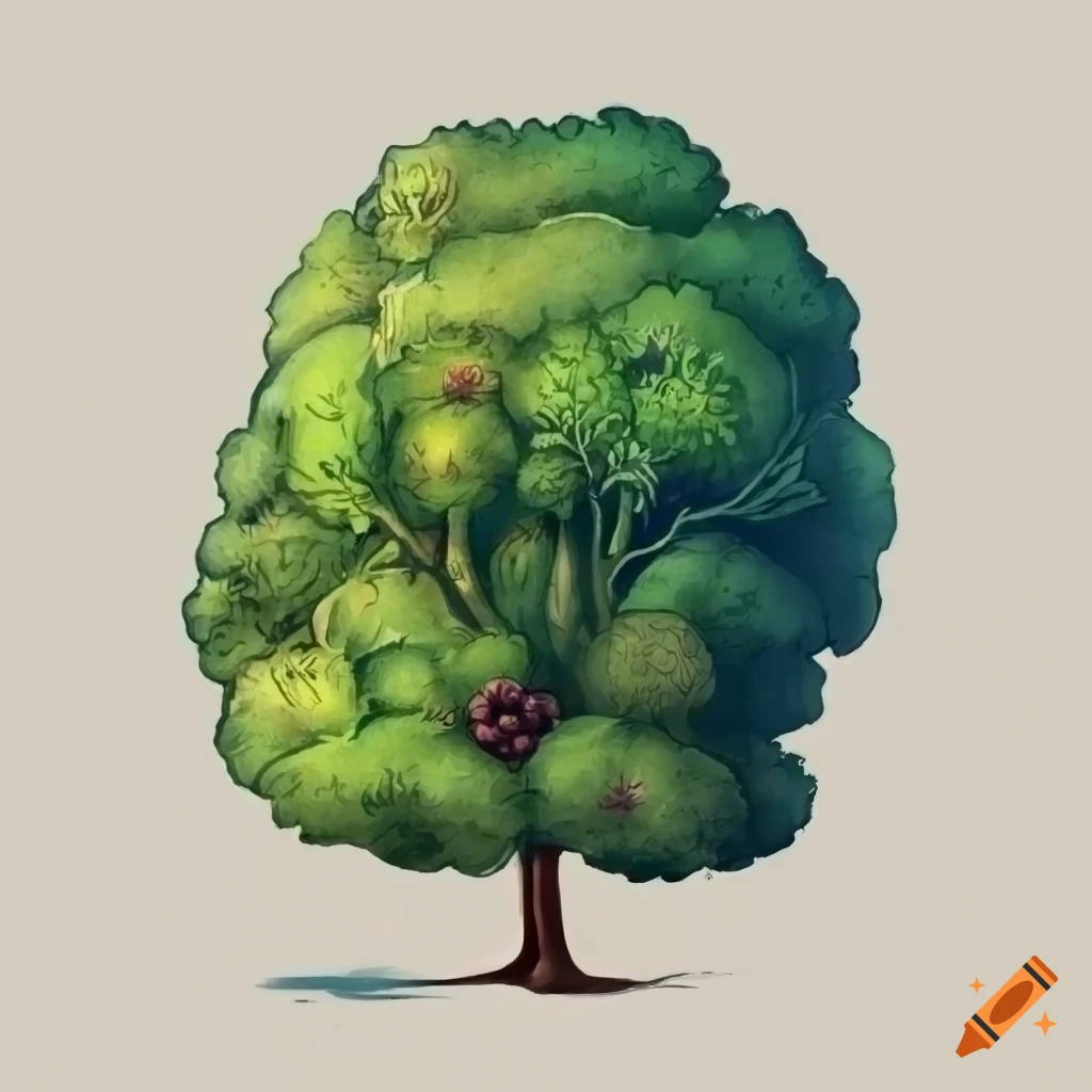 Botanical drawings of trees in medieval style with herb names, on ...