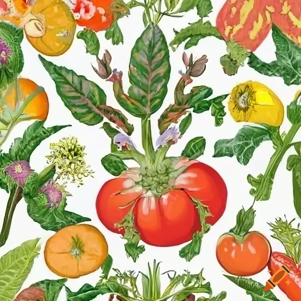 Colorful botanical drawings of vegetables in medieval style on ...