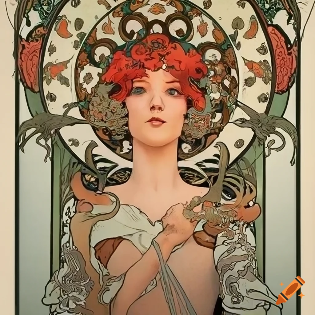 Vintage alphonse mucha poster featuring an intricate mech design with ...