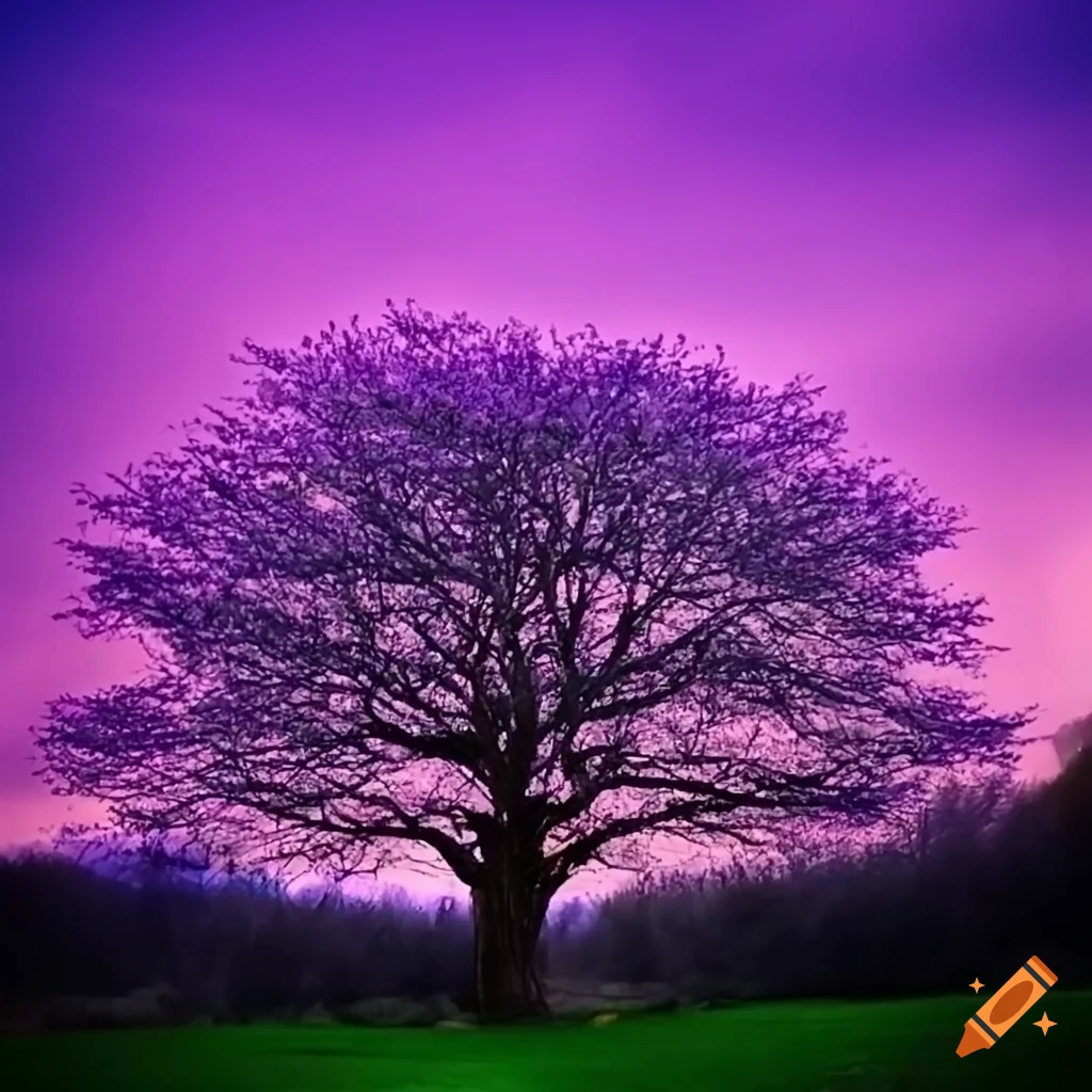 Purple sky with pink clouds and a tree with lavender leaves on Craiyon