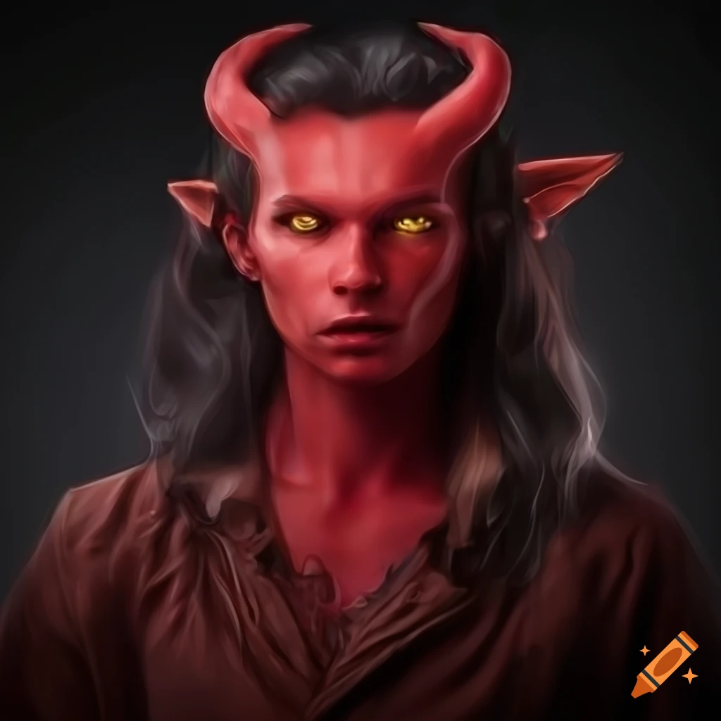 Fantasy character portrait of a red-skinned tiefling male with ...