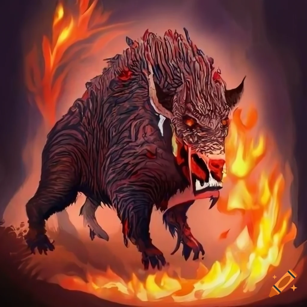 Artistic fire elemental with tusked boar characteristics in a forest ...