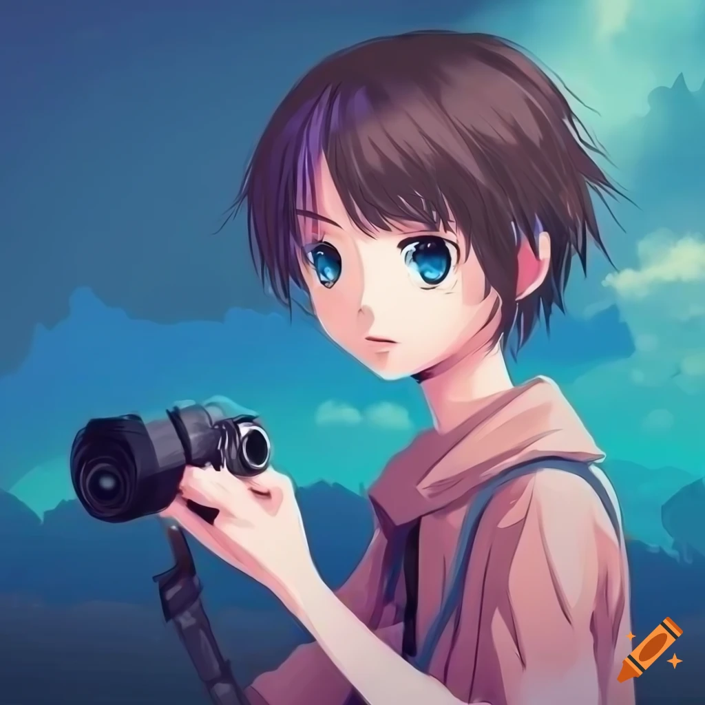 Anime-style illustration of a young photographer capturing a scenic ...