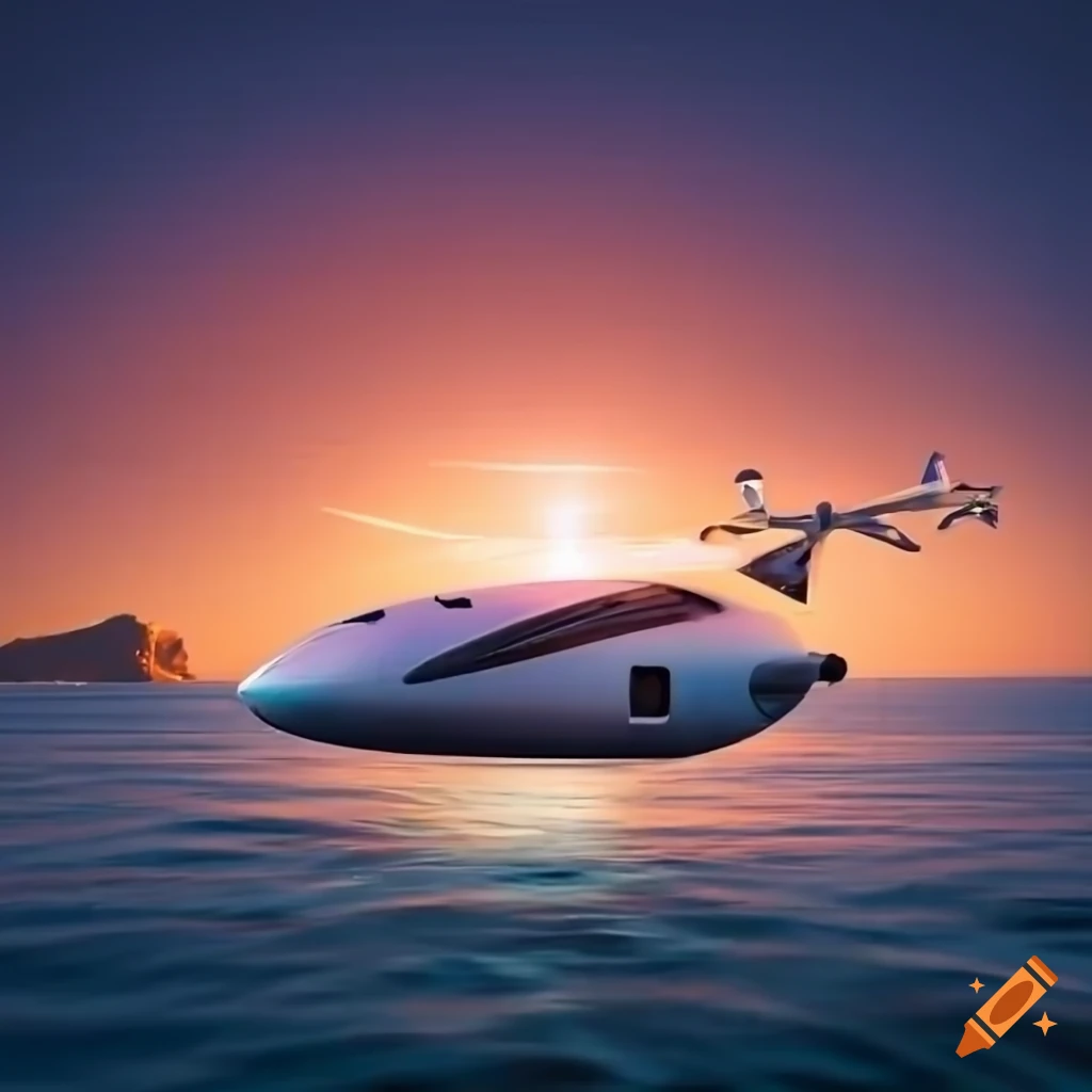 Futuristic flying motorhome against summery coastline at sunset on Craiyon