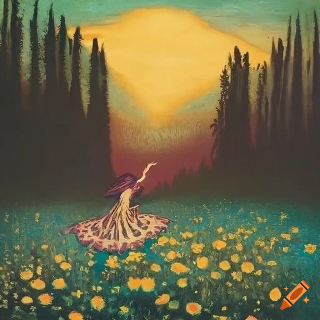 Wide angle landscape panorama of a dancer in wildflowers with fantasy ...