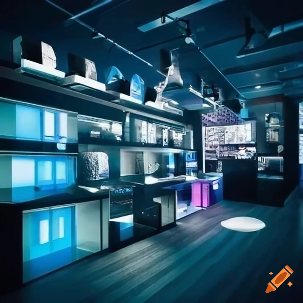 Modern interior of an electronics store with latest gadgets on display ...