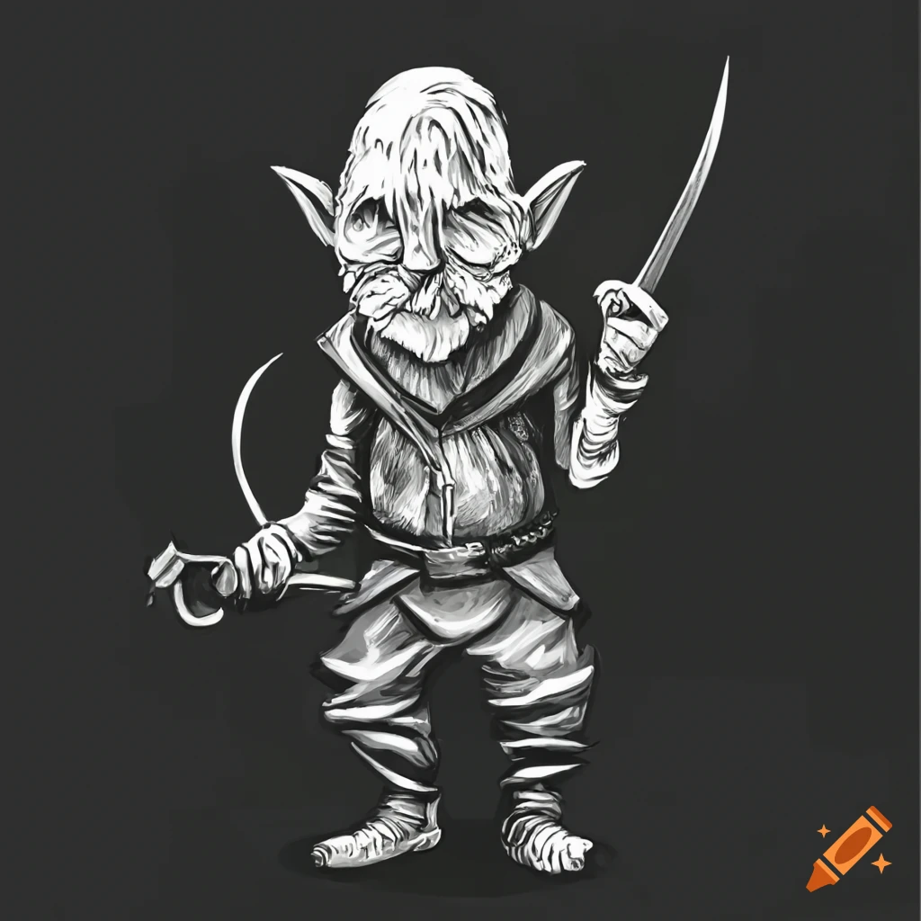 Rogue gnome in black attire with rapier and sword on Craiyon
