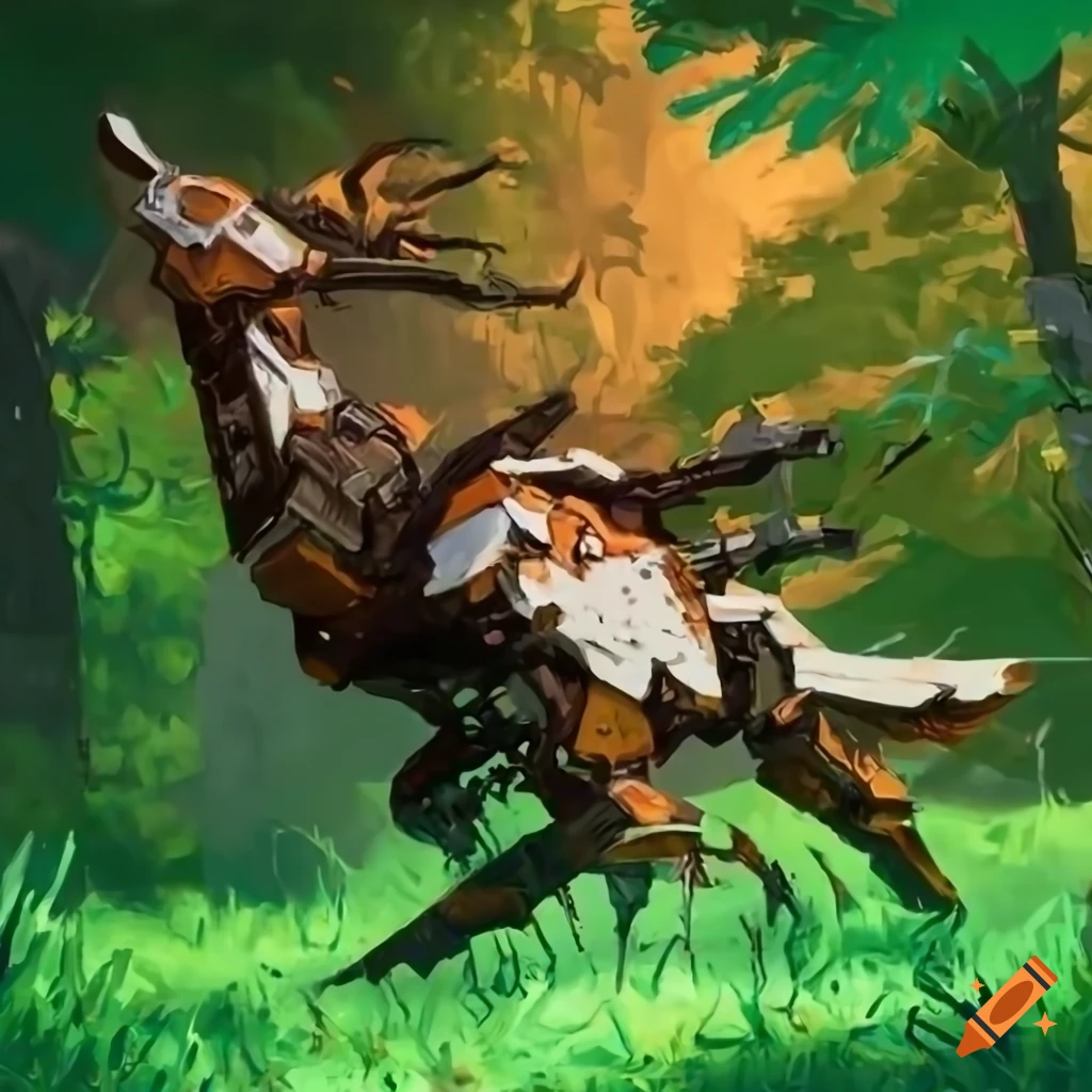 Deer robot from Horizon Zero Dawn walking in green leafy nature in MTG ...