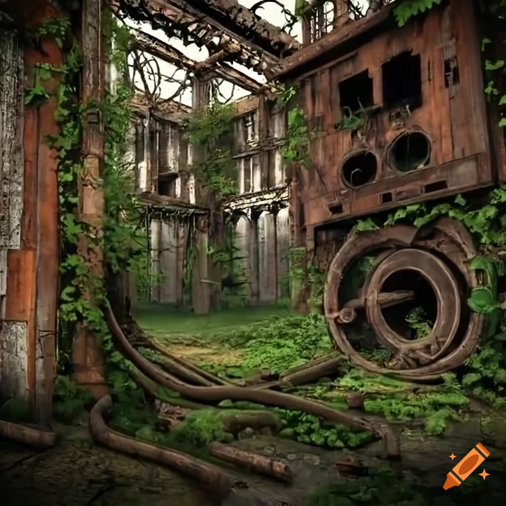 Abandoned steampunk factory reclaimed by nature with rusted machinery ...