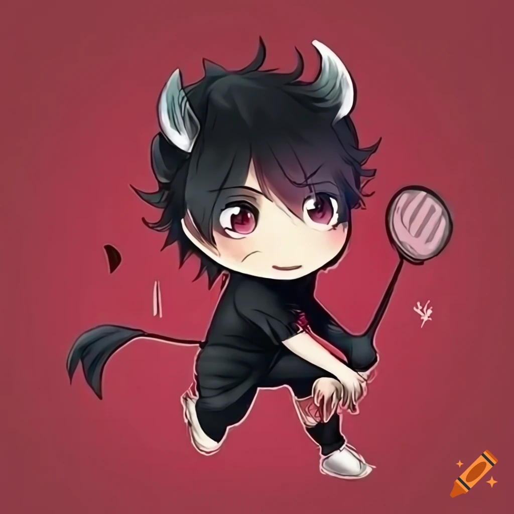 Chibi devil boy playing badminton in darkness with a black shirt on Craiyon