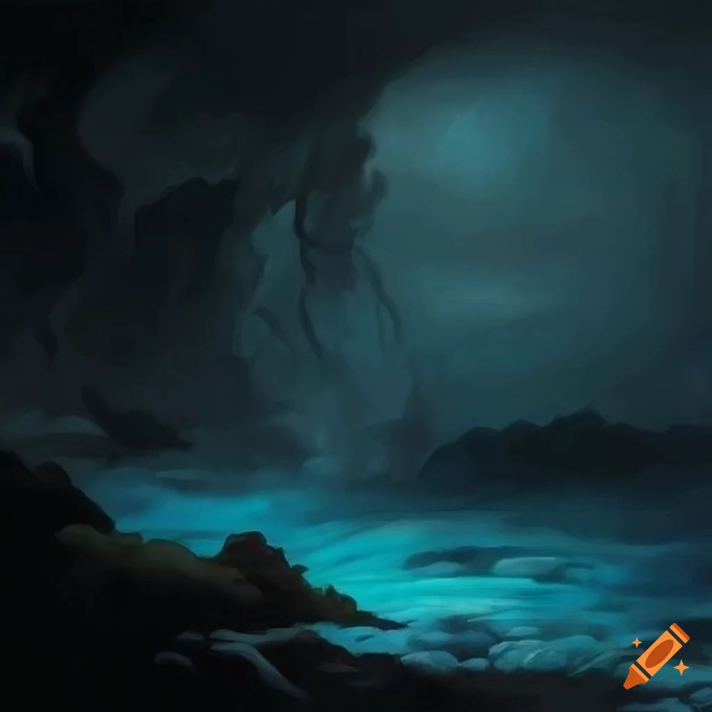 Dark and angry ocean landscape in the style of frank frazetta on Craiyon