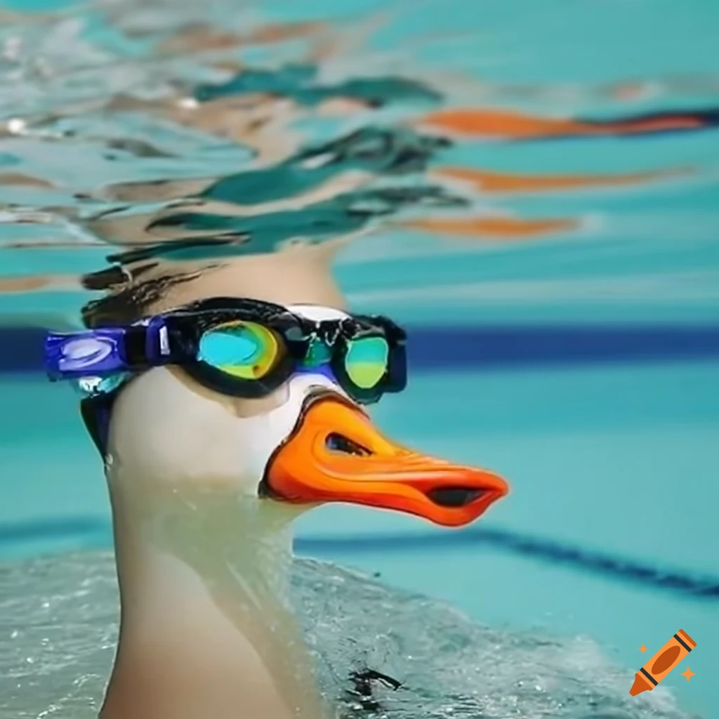 Duck wearing swimming floaties and goggles with coach whistle in mouth ...