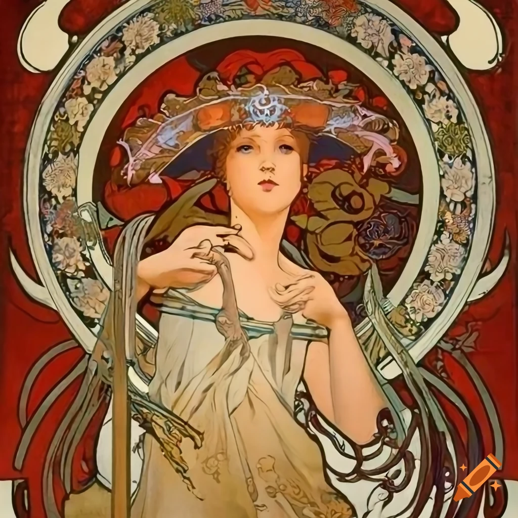 Vintage Alphonse Mucha poster featuring an intricate mech design with ...