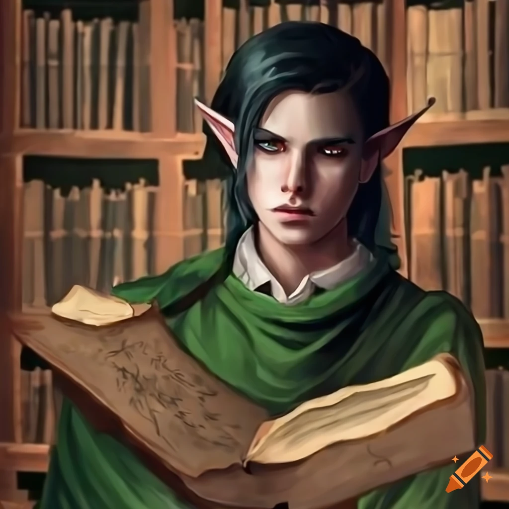 Focused male elf studying in a library with ancient scrolls and books ...