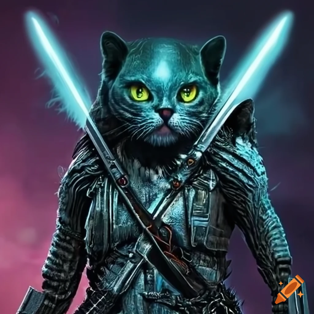 Cat warrior alien wielding a sword in a sci-fi setting on Craiyon