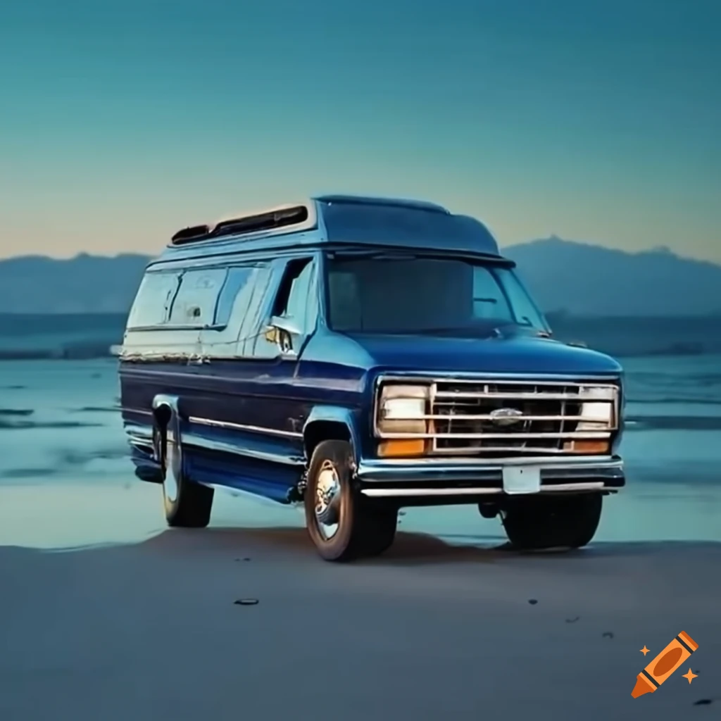 Classic blue 1988 ford econoline 250 camper van in california on Craiyon
