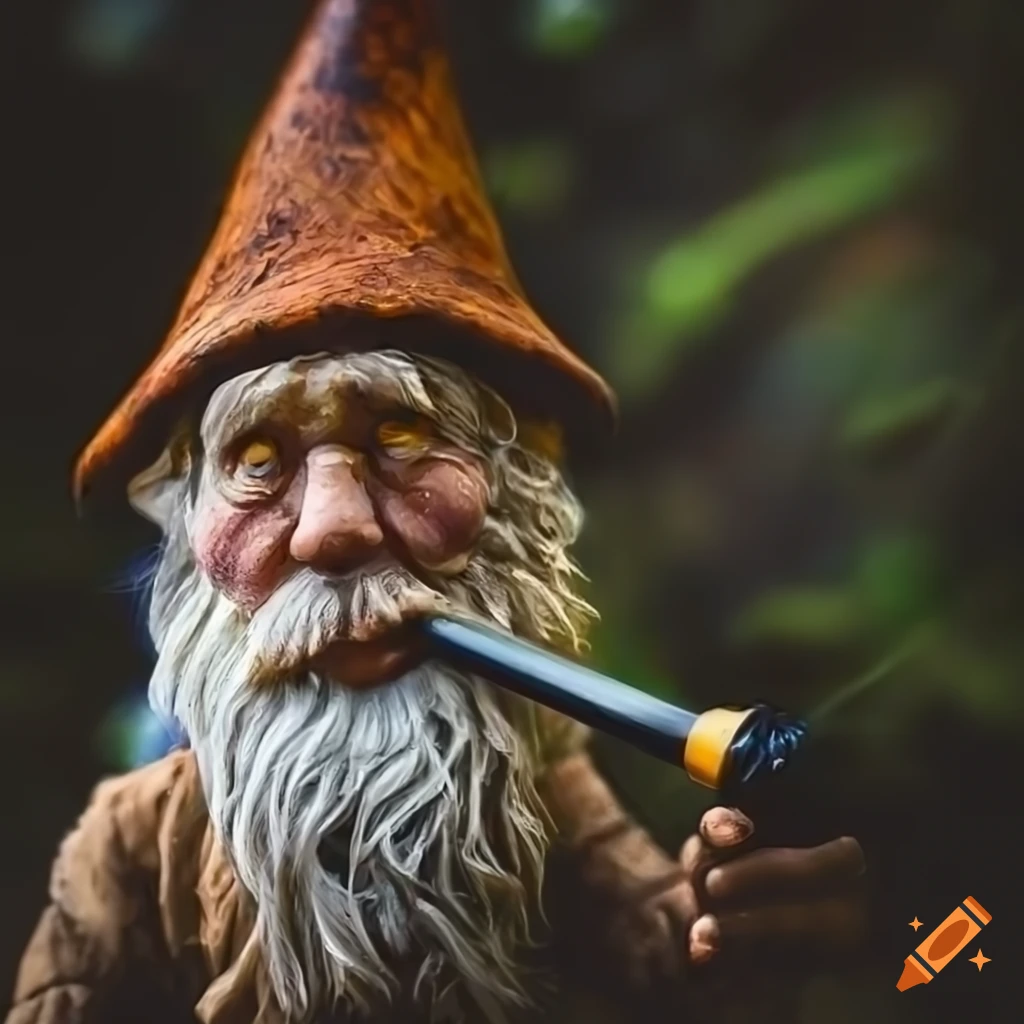 Whimsical aged gnome smoking a pipe in a psychedelic forest on Craiyon
