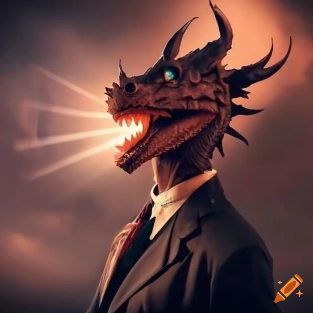 Dragon dressed as a gangster shooting a laser at a cloud on Craiyon