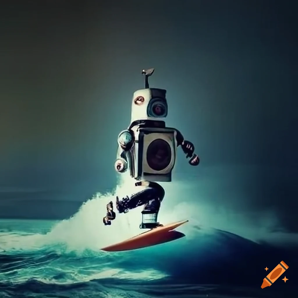 1950s style robot surfing in colorful photo on Craiyon