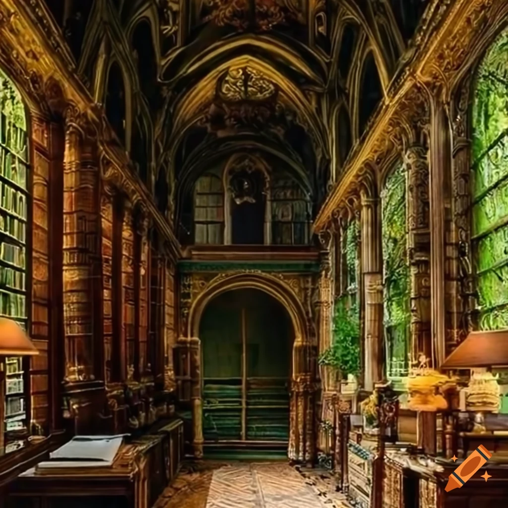 Victorian-gothic library with books and greenery by sunlit windows on ...