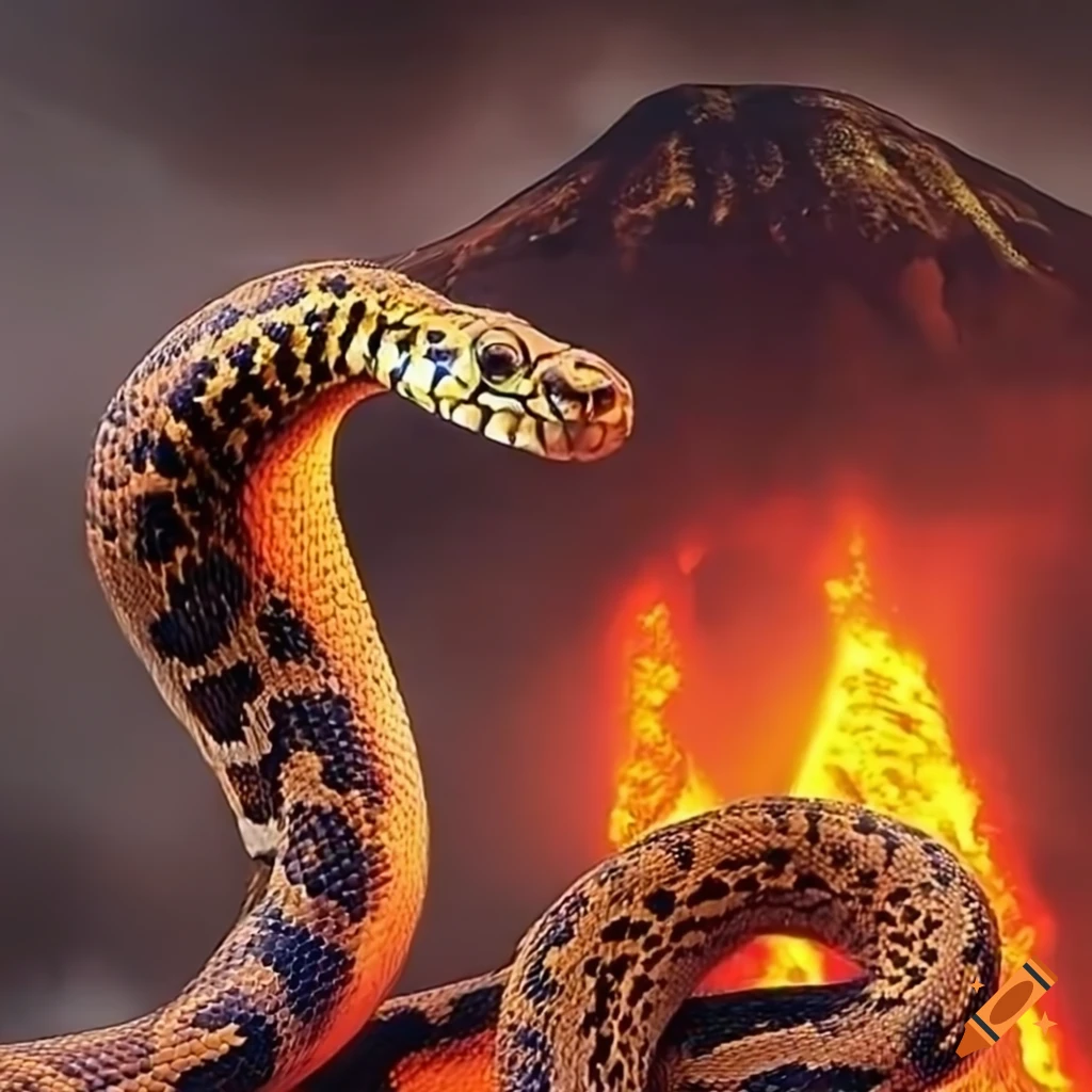 Python snake coiled on piton de la fournaise volcano on Craiyon