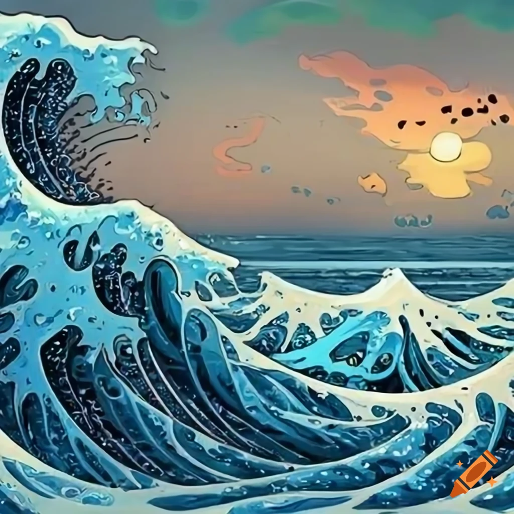 Iconic cat art with ocean waves in a cartoon style on Craiyon