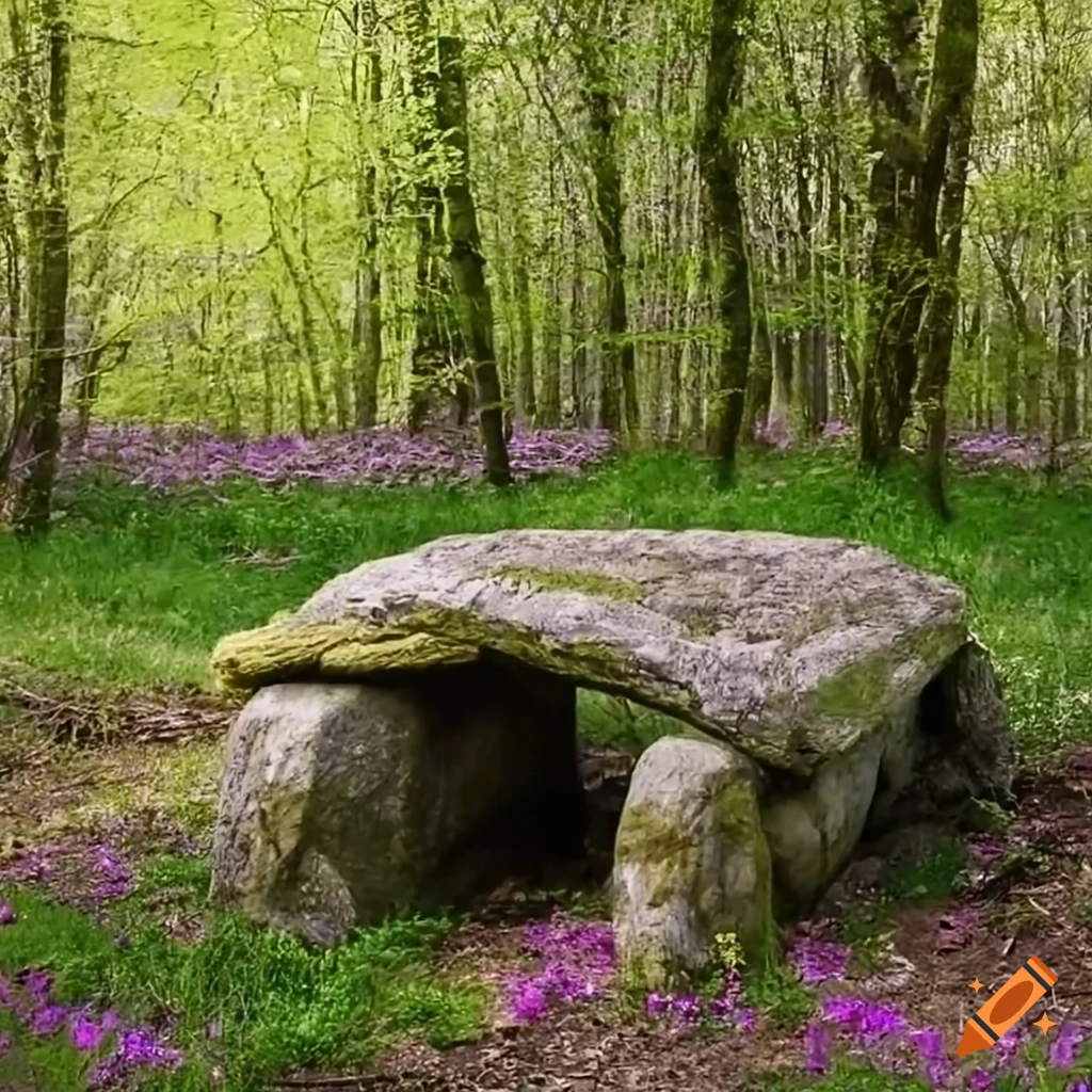 Stone Age barrow in a spring forest with beautiful flowers under ...
