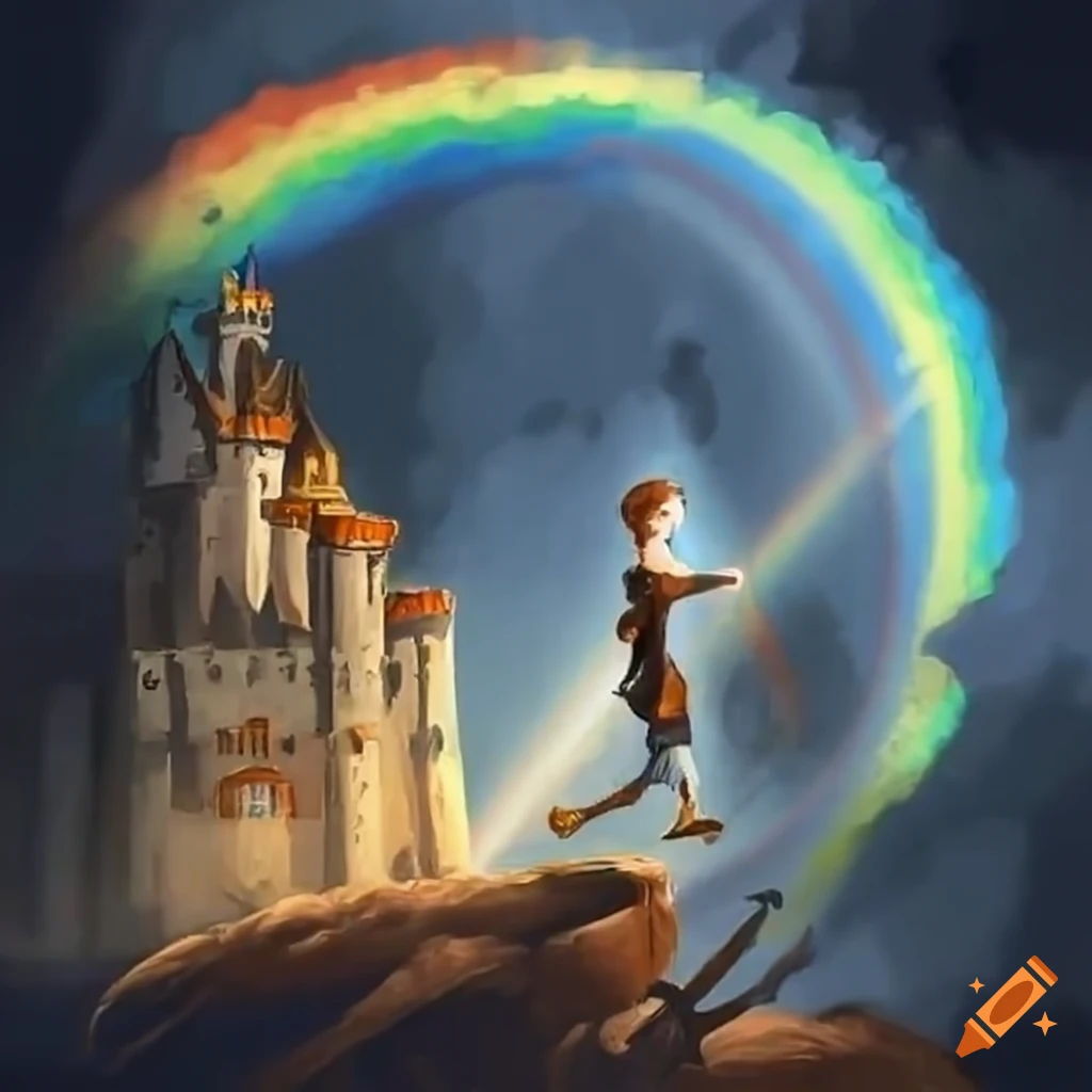 Brave prince climbing a rainbow with pursuit under a regal castle and ...