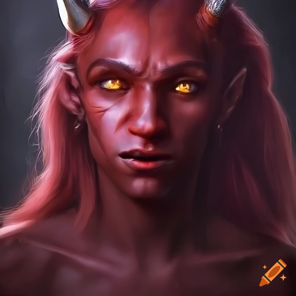 Fantasy character portrait of a red-skinned tiefling male with ...
