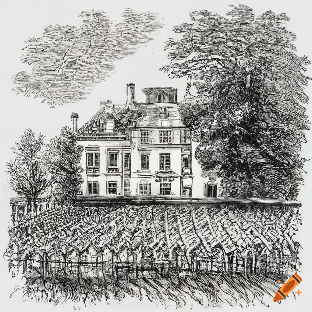19th century engraving of manor house in a vineyard on Craiyon