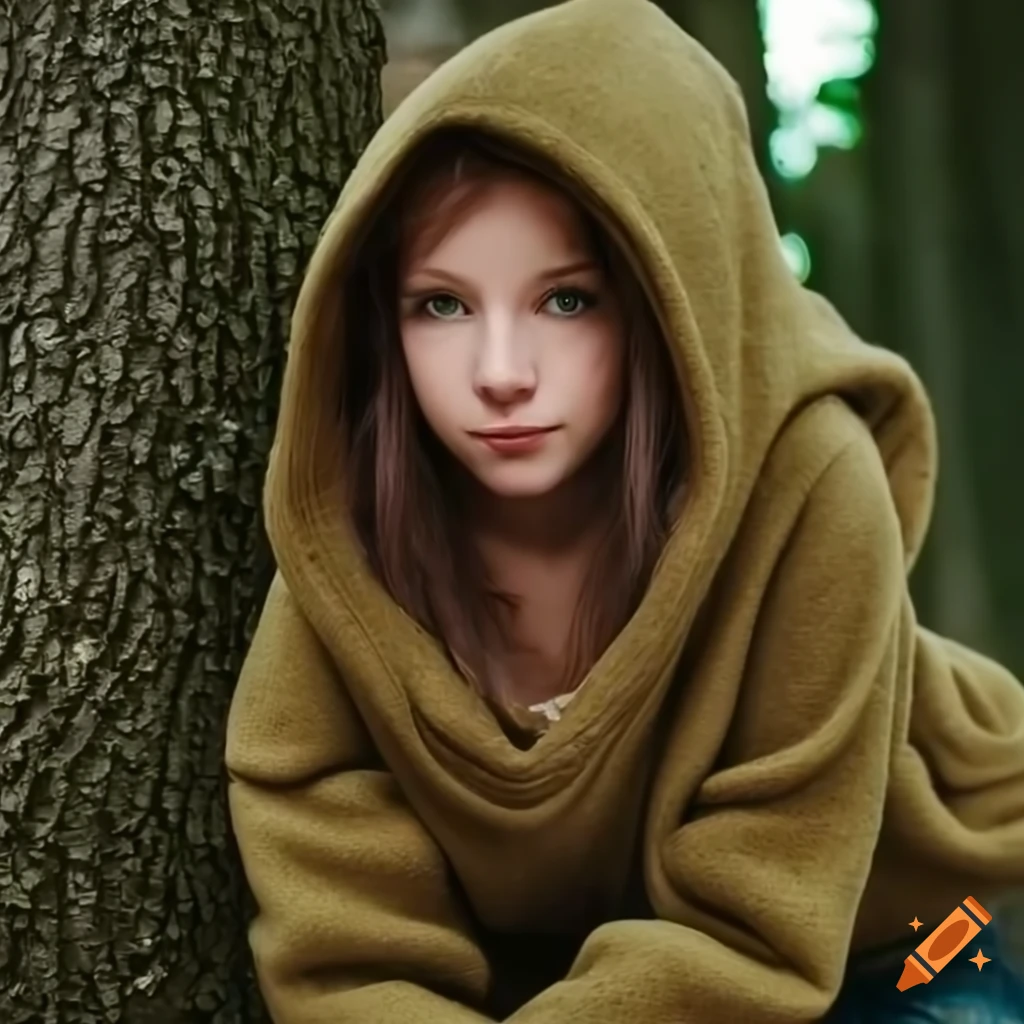 Female forest elf in a cozy cropped hoodie sitting on a tree on Craiyon