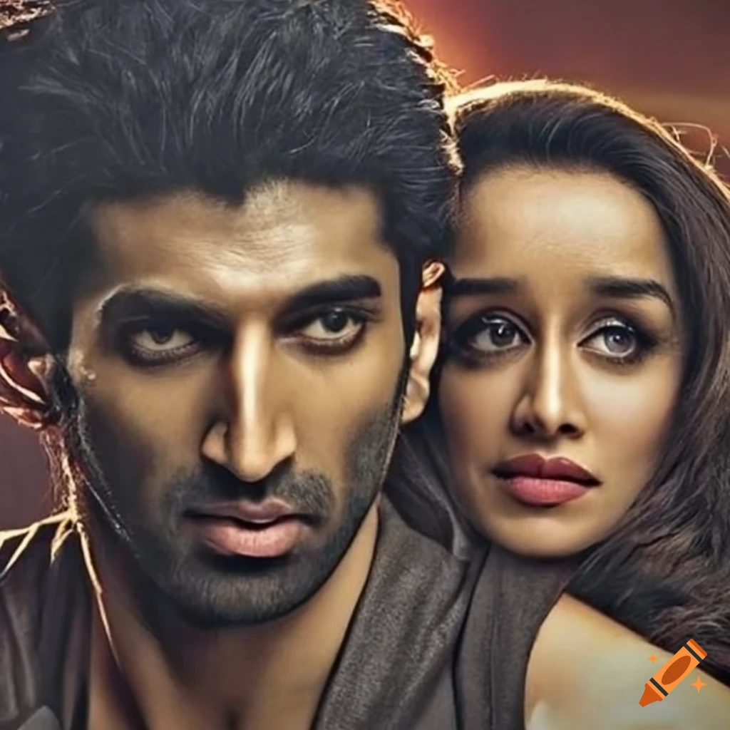 Action movie poster with Aditya Roy Kapur and Shraddha Kapoor on Craiyon