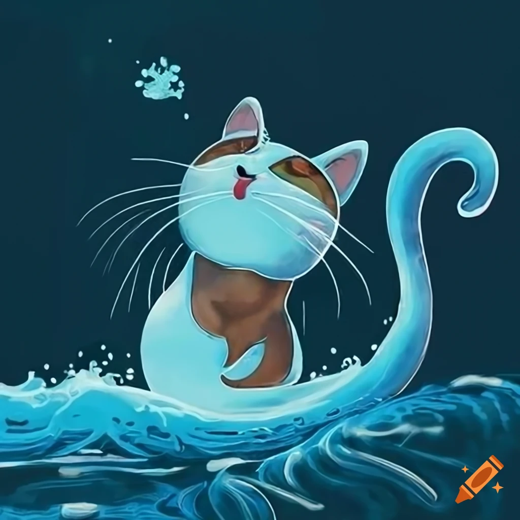 Iconic cat art with ocean waves in a cartoon style on Craiyon