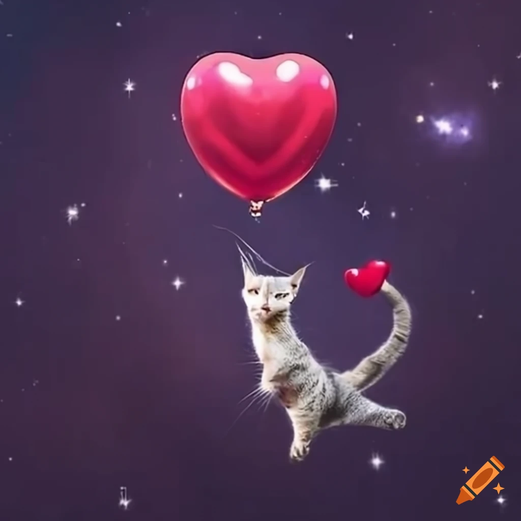 Stray cat chasing heart balloon in space on Craiyon