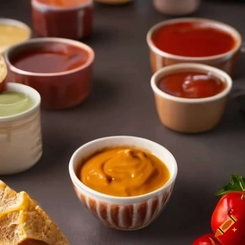 Spread of various sauces and condiments for a delicious meal on Craiyon