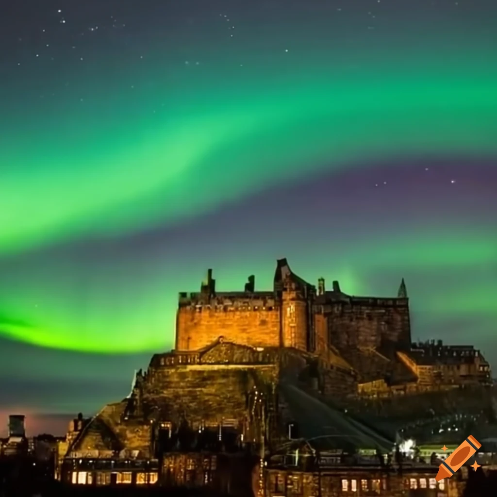 Northern lights over edinburgh castle in the winter night on Craiyon