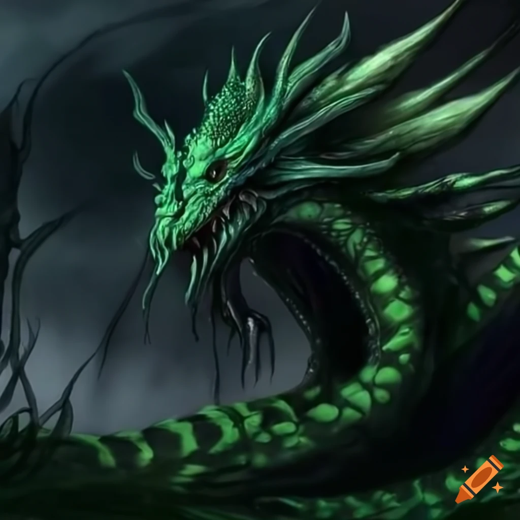 Flying green poisonous dragon surrounded by venomous roots on Craiyon