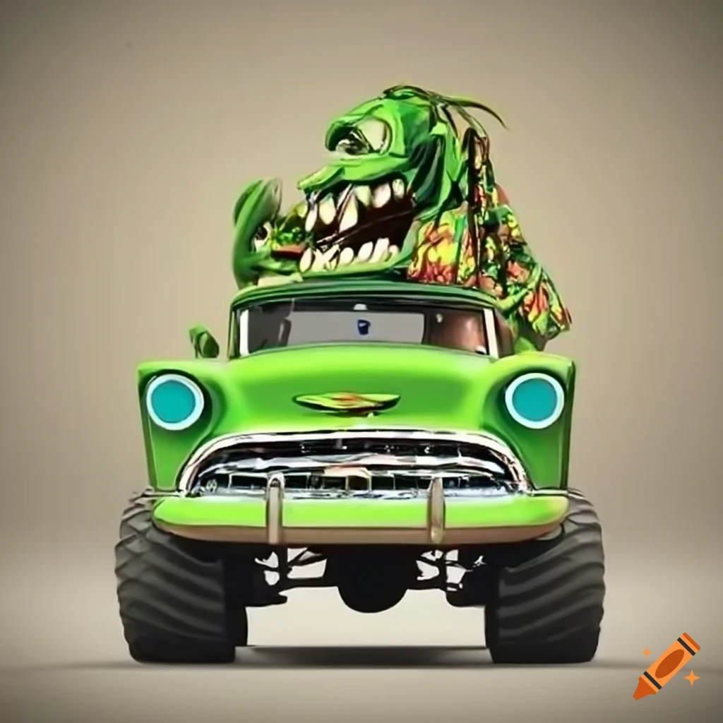 Lime green 1957 chevy bel air monster truck in cartoon rat fink style ...