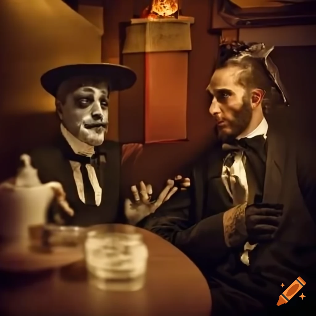 Two men at a bar: magician in white attire and demon, both drinking ...