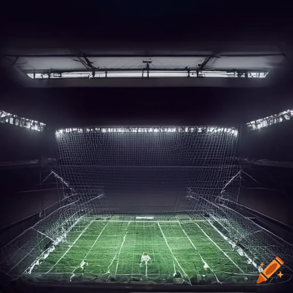 Football cage with floodlights and roof net top on Craiyon