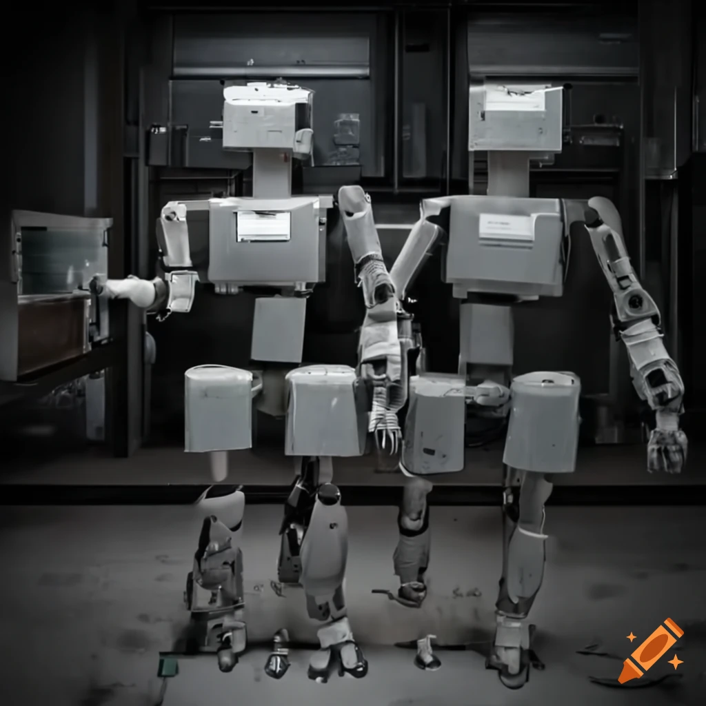 Contrast between human laborers and advanced robots on Craiyon