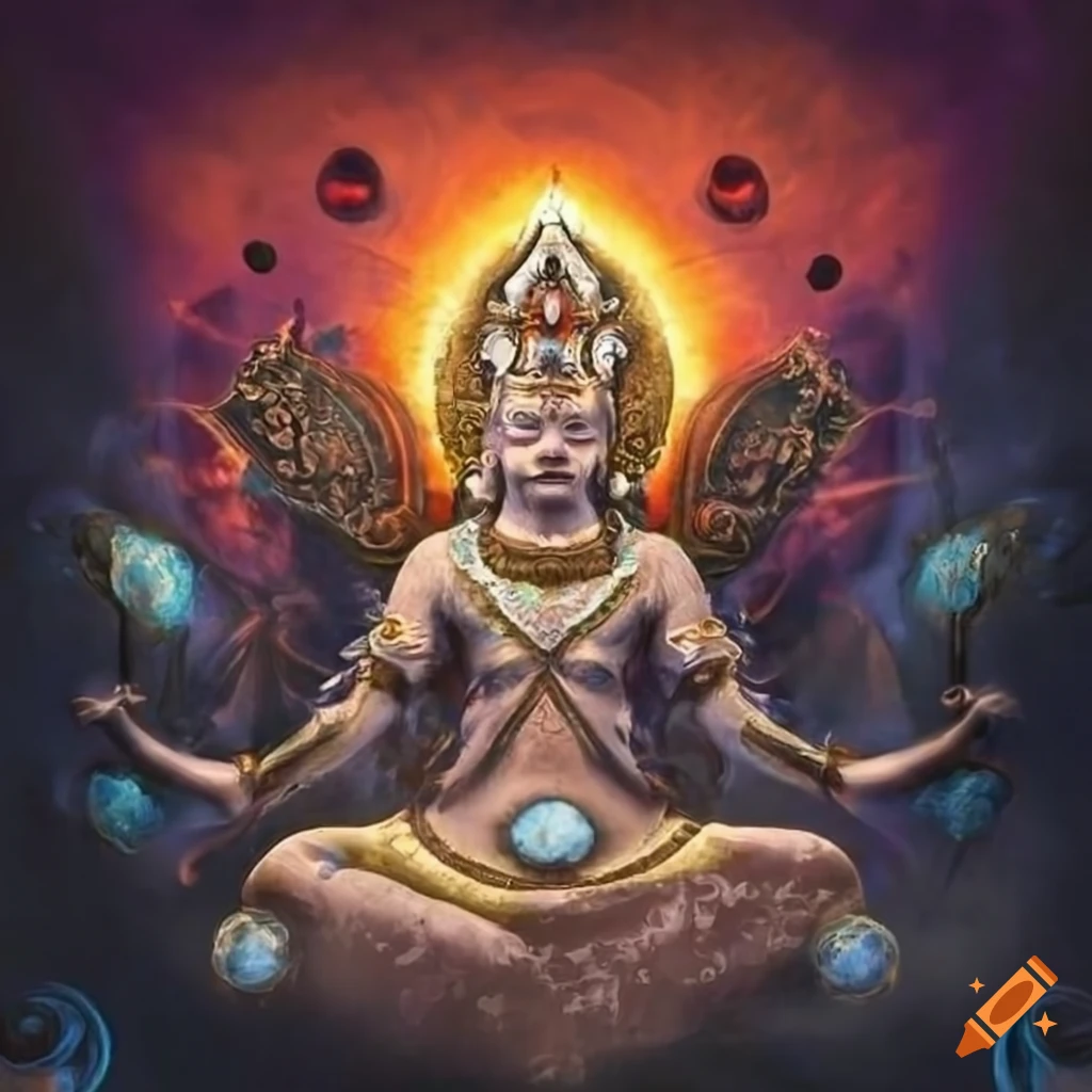 Deity with three eyes in front of a mystical fire surrounded by ...