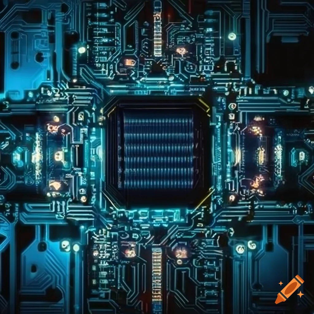 Glowing semiconductor chip with electronic circuit in futuristic lab ...