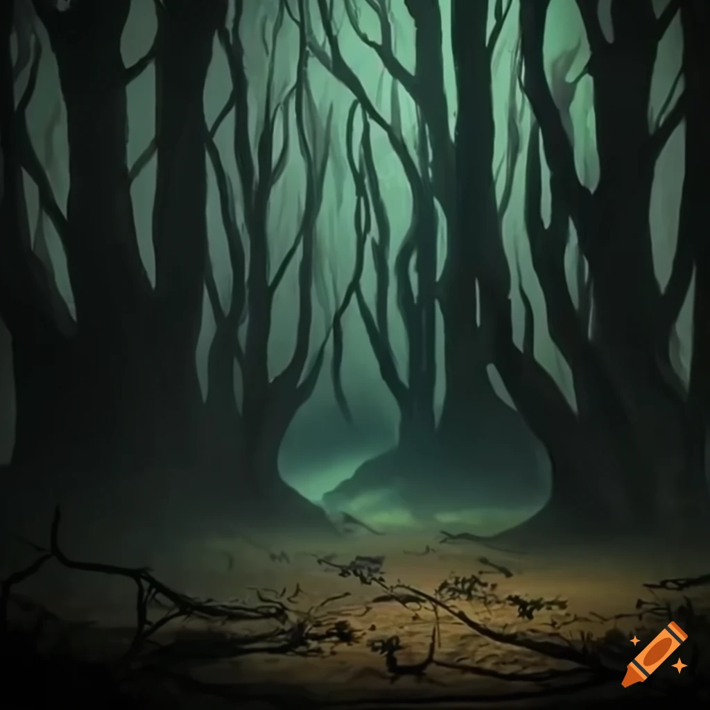 Spooky forest scene inspired by tim burton, dark and detailed on Craiyon