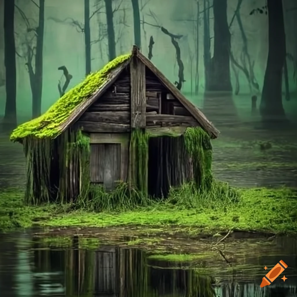 Dilapidated hut covered in moss in a swamp setting on Craiyon